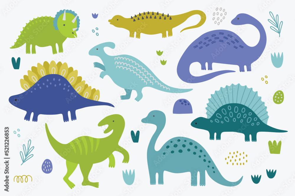 Set of dinosaurs - diplodocus, spinosaurus, velociraptor, stegosaurus ...