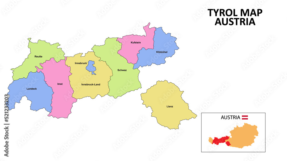 Fototapeta mapa świata dla dzieci Tyrol Map. District map of Tyrol ...