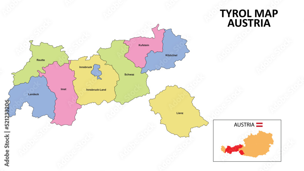 Fototapeta mapa świata dla dzieci Tyrol Map. District map of Tyrol ...