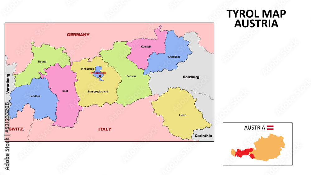 Tyrol Map. State and district map of Tyrol. Political map of Tyrol with ...