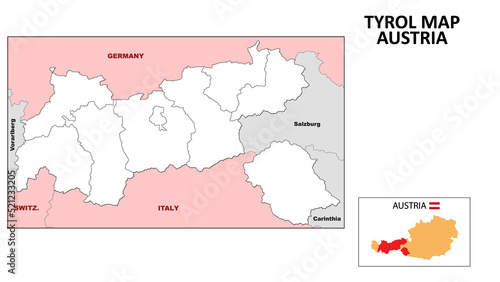 Naklejka Tyrol Map. State and district map of Tyrol. Political map of ...