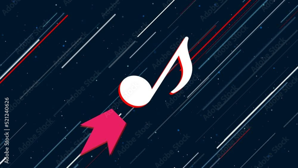 Musical note symbol flies through the universe on a jet propulsion. The ...