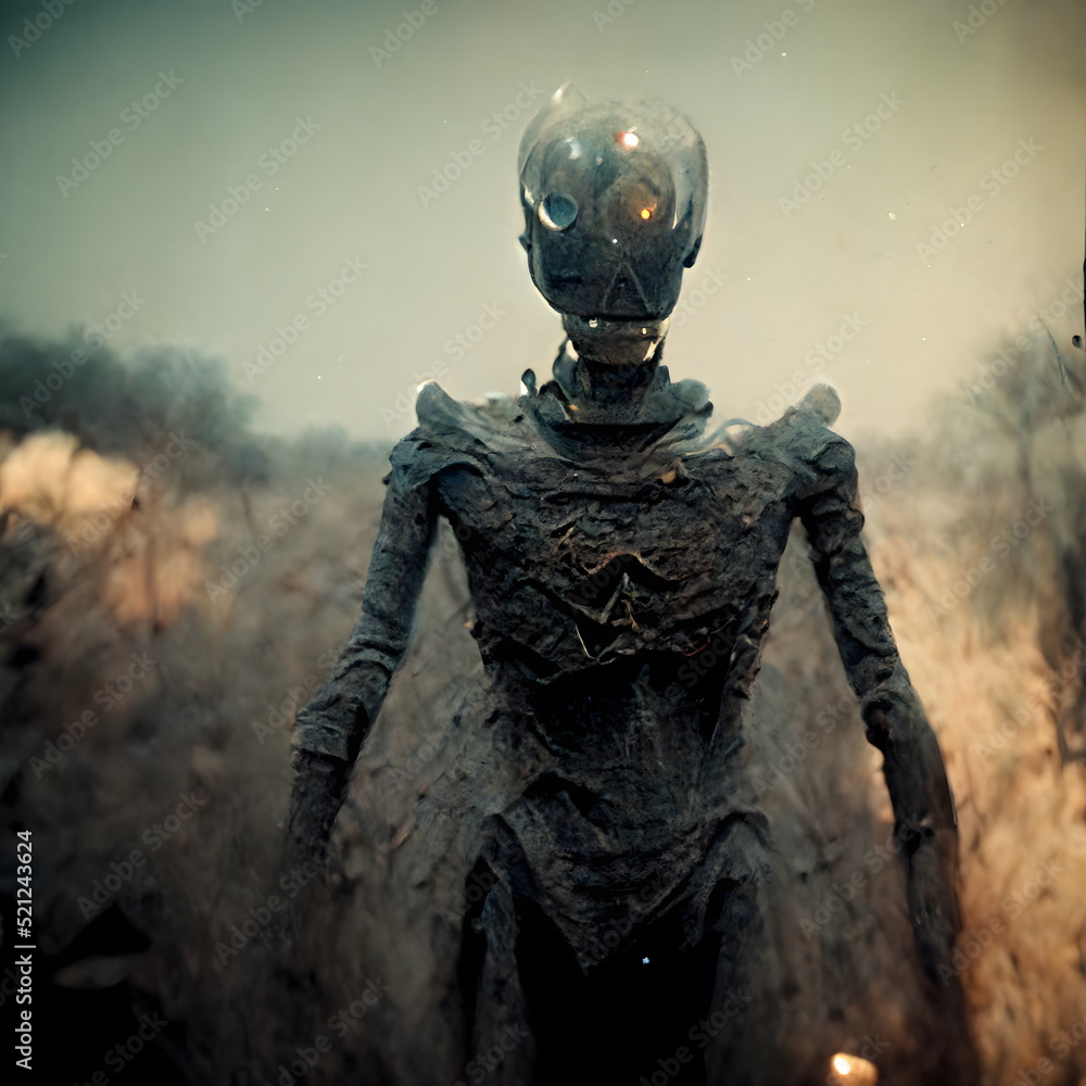 Alien creature creepy figure 3D illustration with dramatic lighting in ...