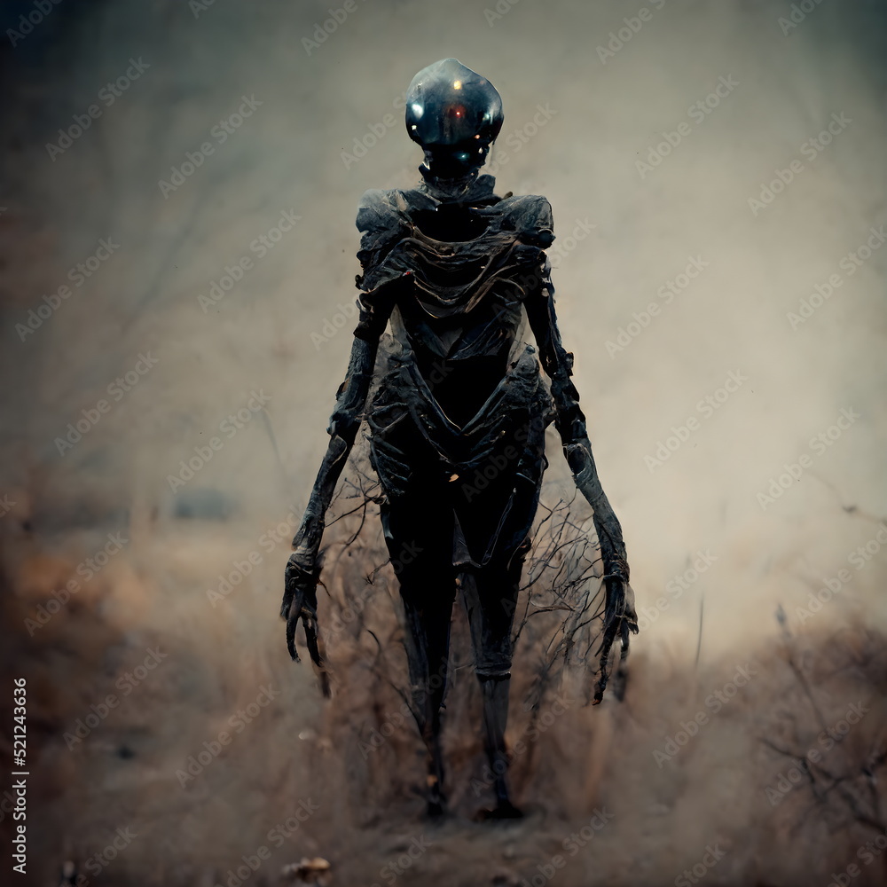 Alien creature creepy figure 3D illustration with dramatic lighting in ...