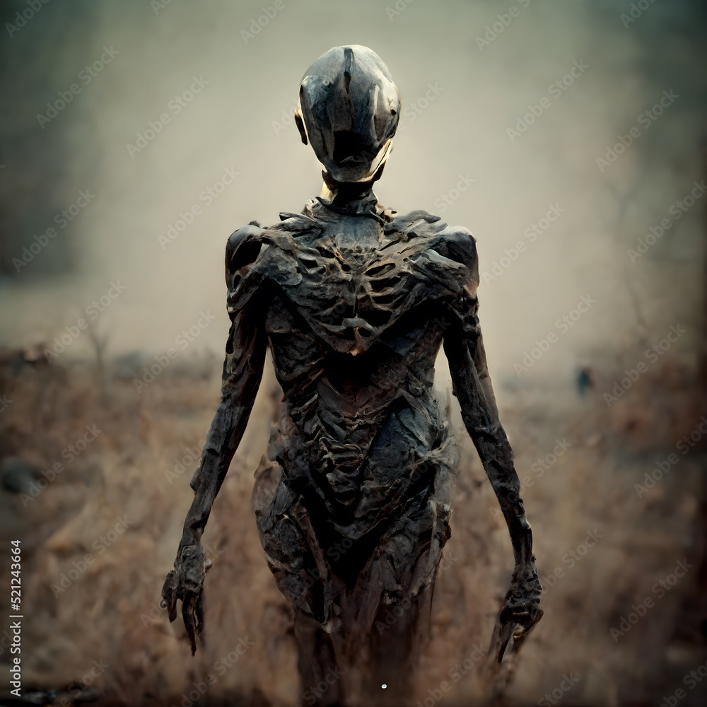 Alien creature creepy figure 3D illustration with dramatic lighting in ...