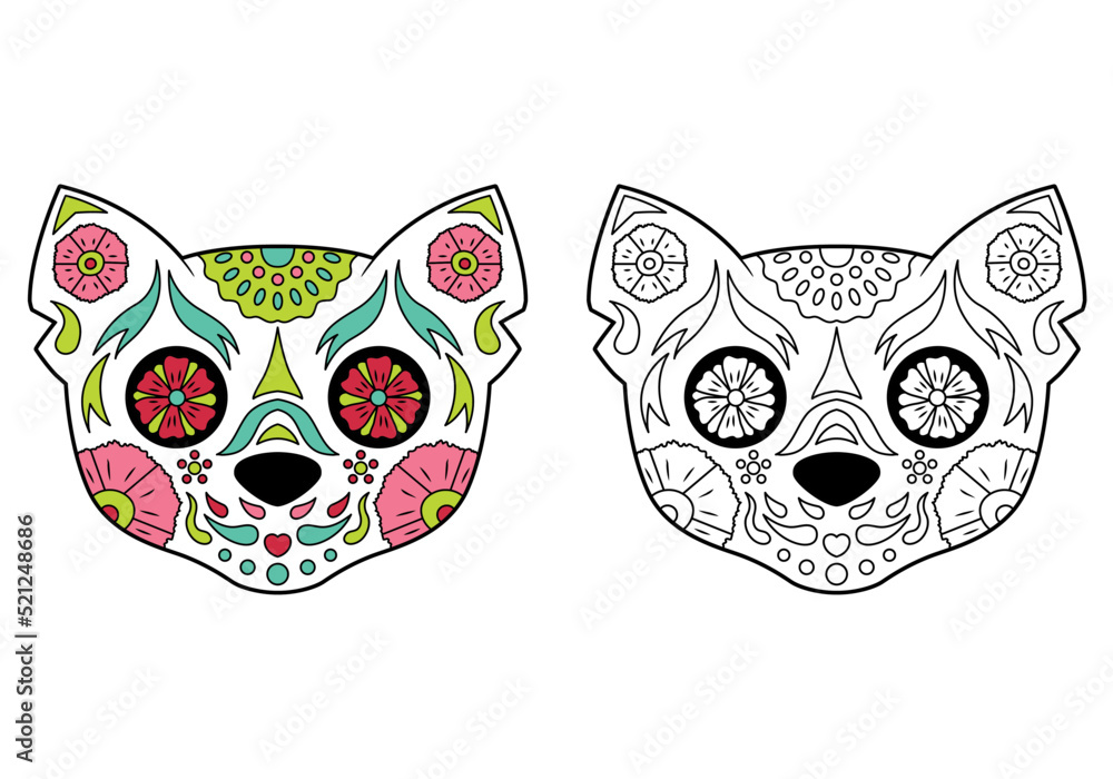 Cat sugar skull with coloring example. The day of the Dead. Coloring ...