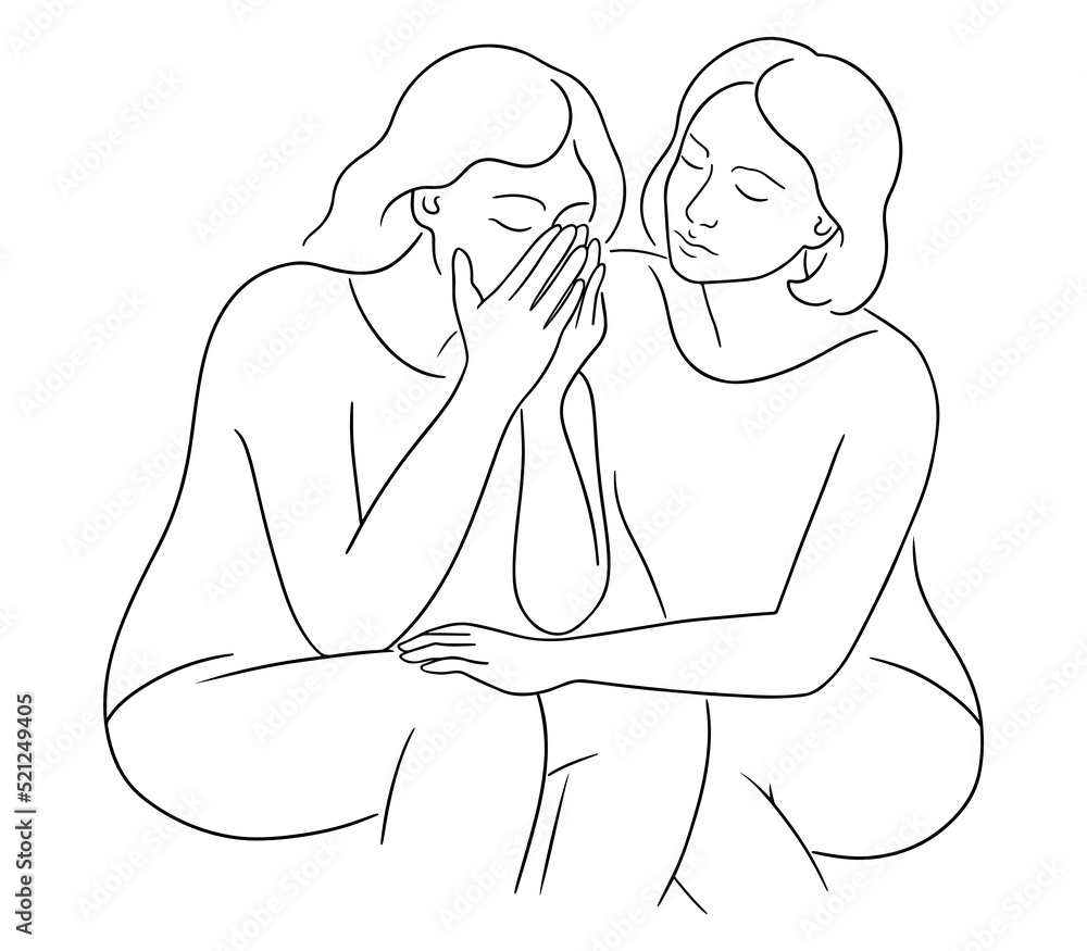 Two sad girlfriends are sitting together. Upset woman covers her face ...