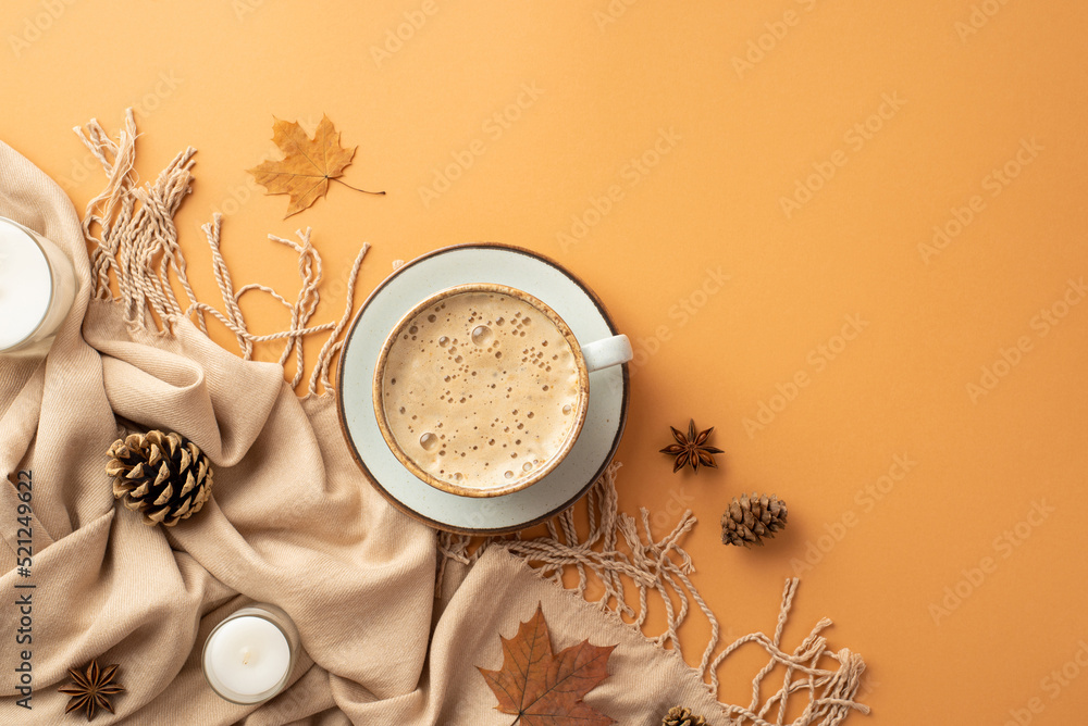 Autumn aesthetic concept. Top view photo of cup of frothy coffee on ...