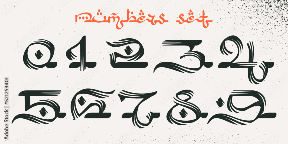 Numbers set in Arabic script style. Rough brush stroke vector lettering ...