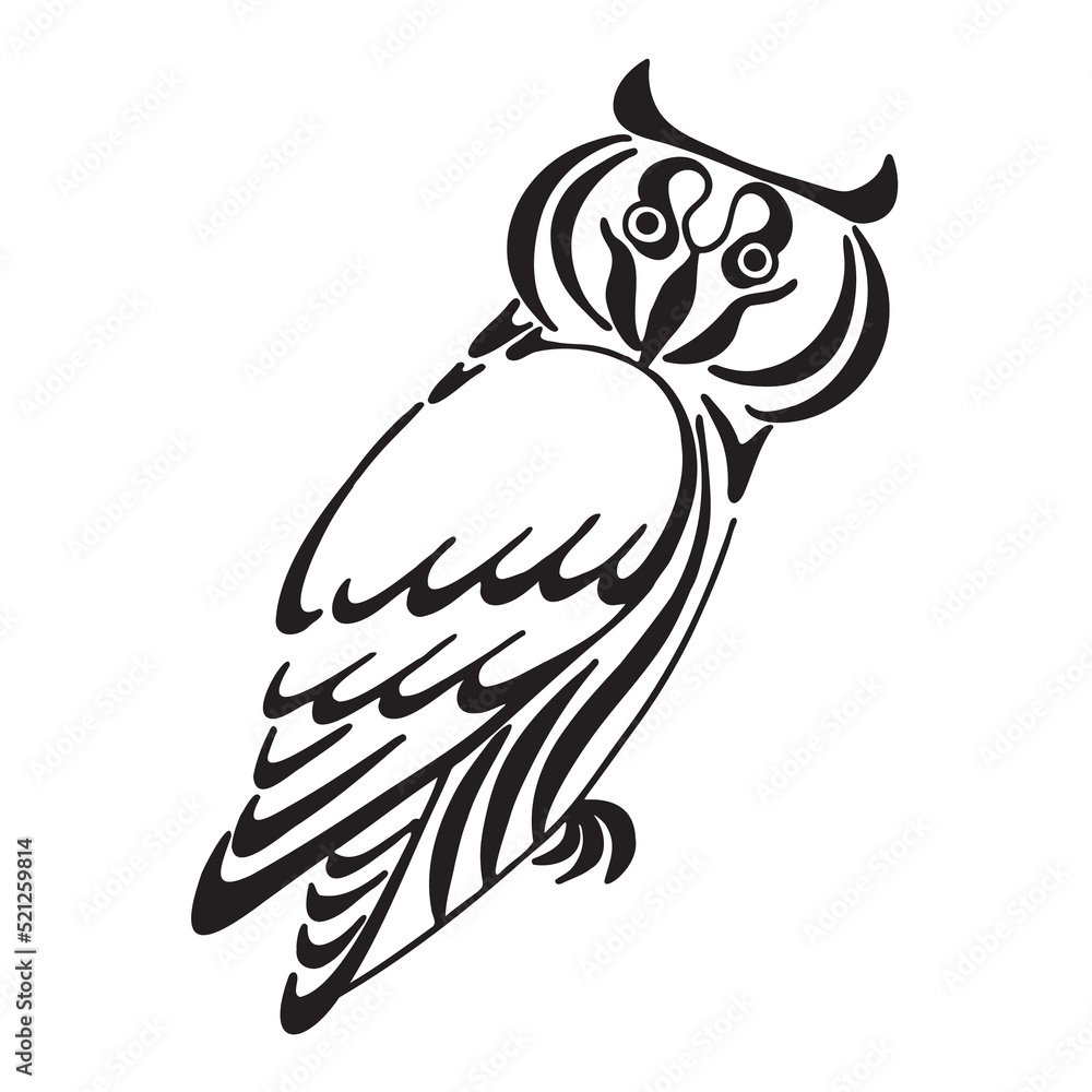 Owl stylized drawing .Black and white vector illustration of owl. line ...