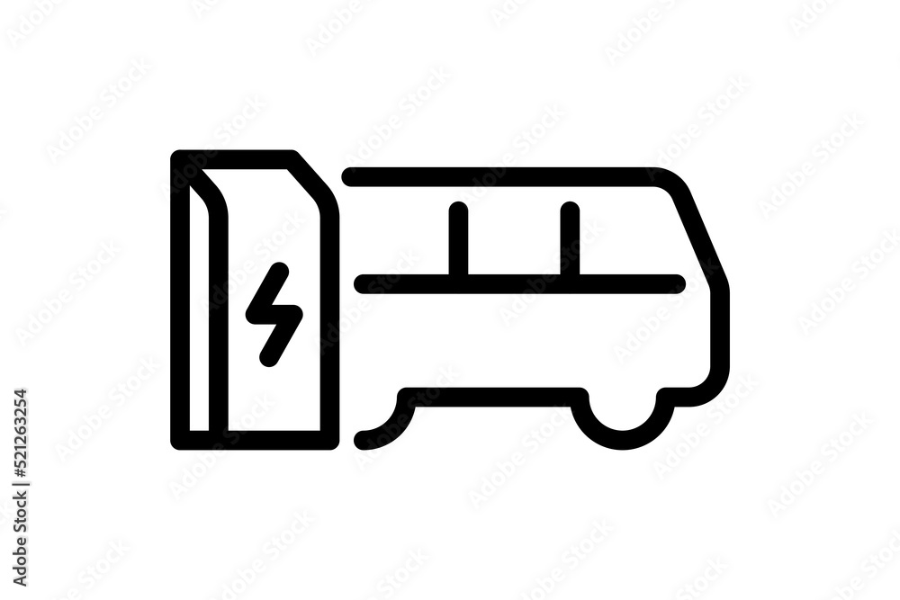 Electric bus charging in charger station linear icon. Electrical e-bus ...
