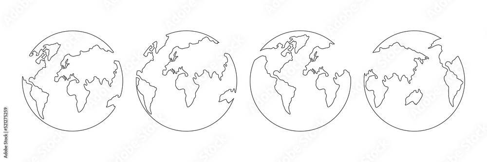 World map one line art set. Continuous Earth doodle line drawing ...