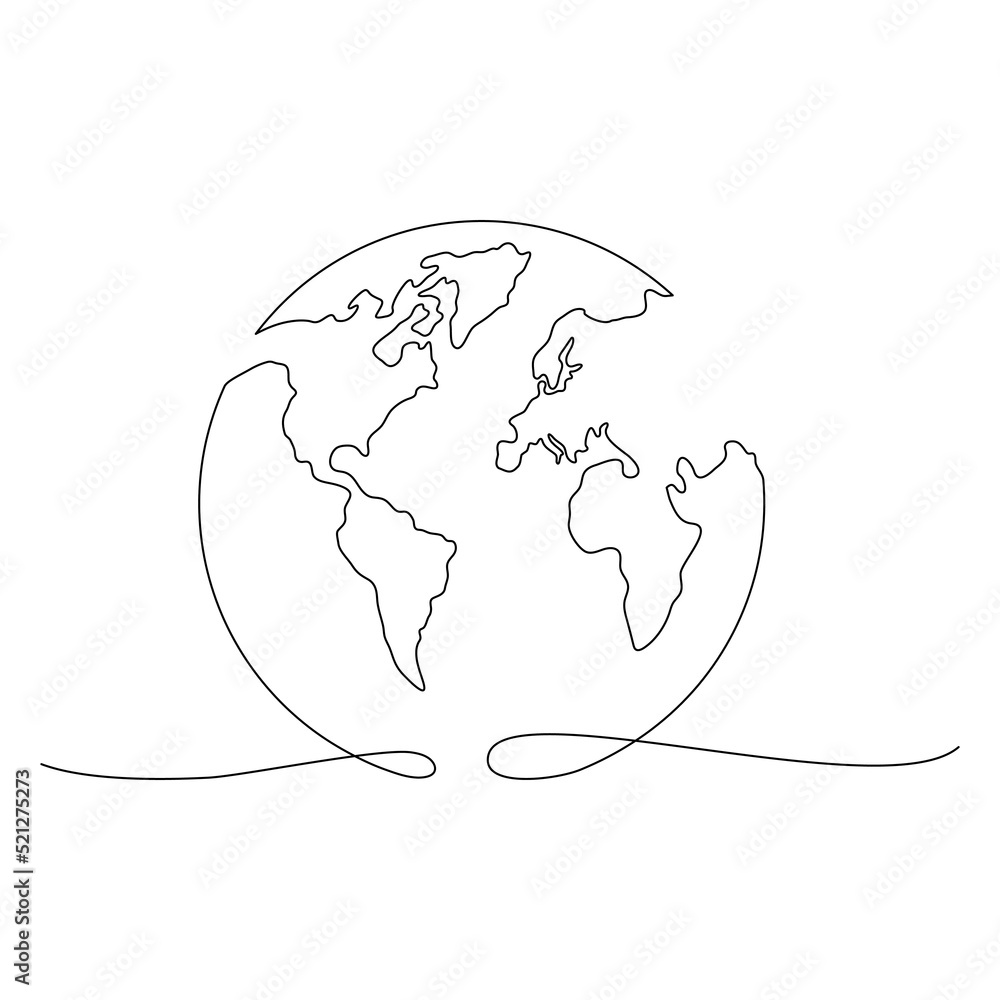 World map one line art. Continuous Earth doodle line drawing. Earth globe hand drawn symbol ...