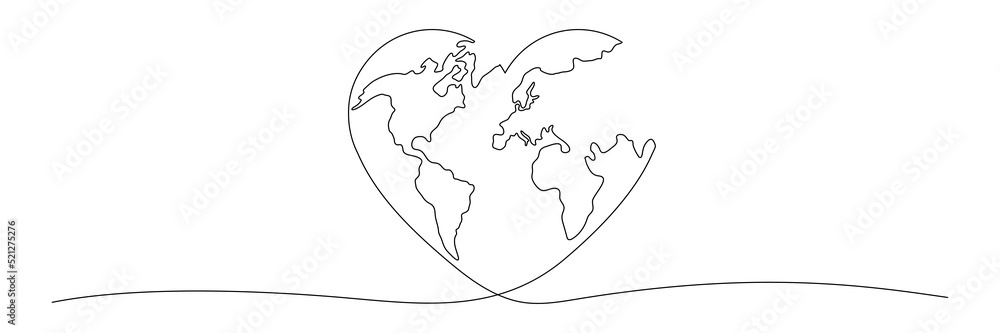 Earth globe continuous line drawing of the heart shape. Love world map ...