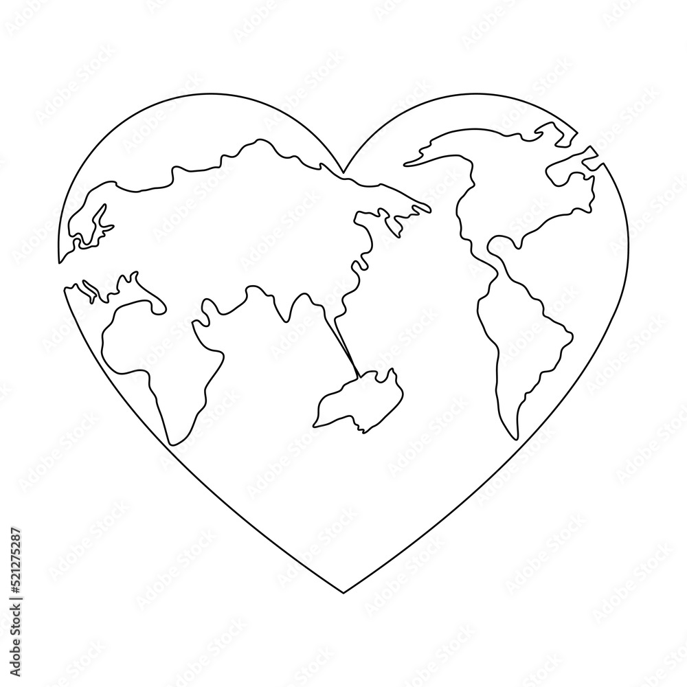Earth globe continuous line drawing of the heart shape. Love world map ...