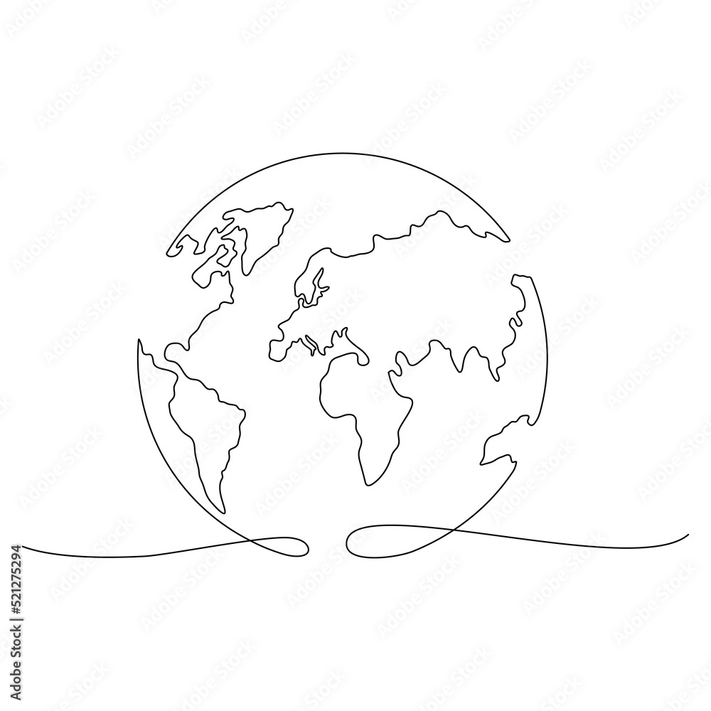 World map one line art. Continuous Earth doodle line drawing. Earth ...