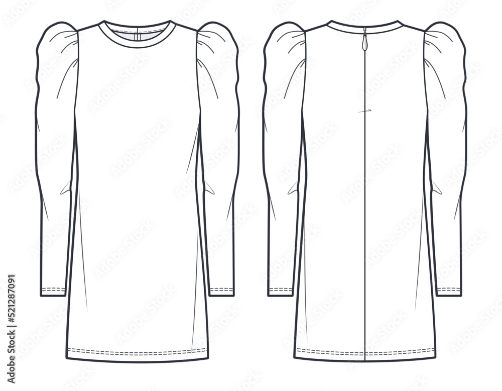 Women's mini Dress fashion flat technical drawing template. Mini Dress ...