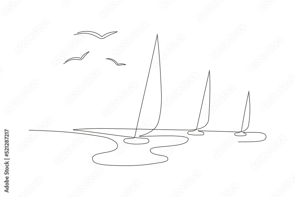 Continuous line drawing of three sailboats sailing on the sea. Line art ...