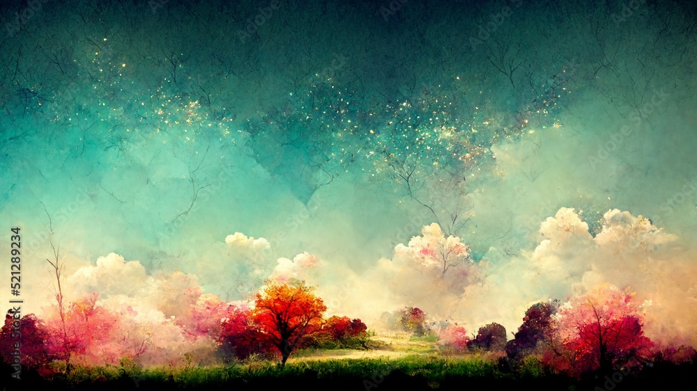 Drawing of Colorful Abstract Trees With Splashes of Watercolor. Digital ...