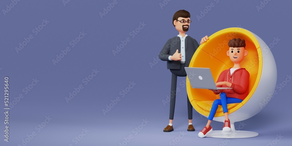 Cartoon characters work on a laptop. Business startup and teamwork ...