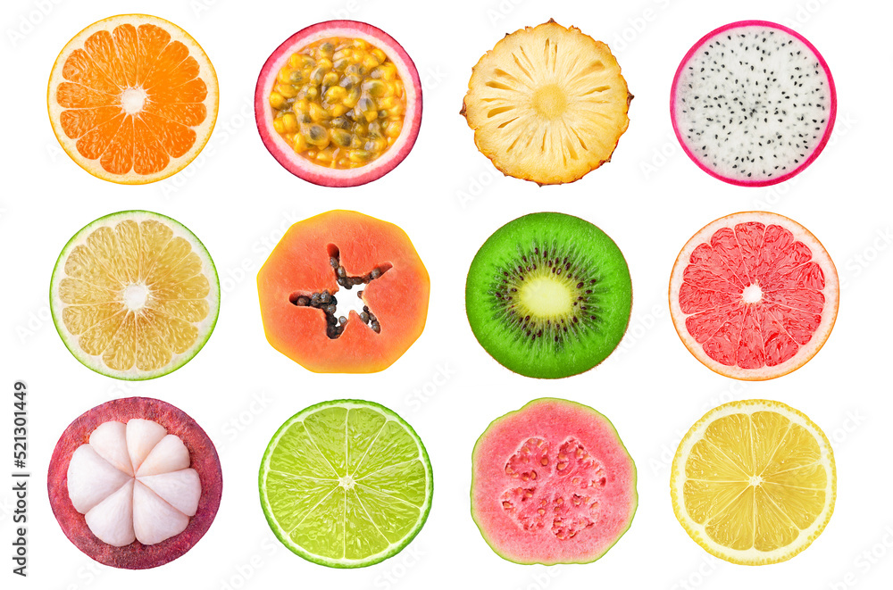 Fresh fruits cross sections isolated on white background. Orange ...