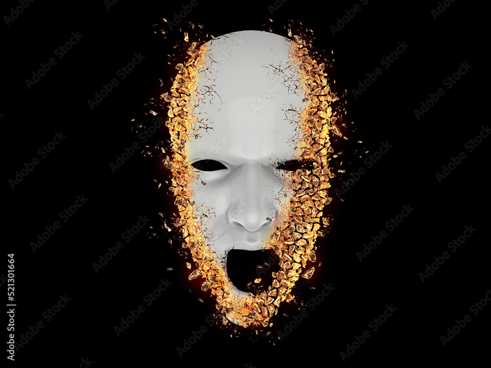 Uncanny white screaming face mask breaking into glowing crystals Stock ...