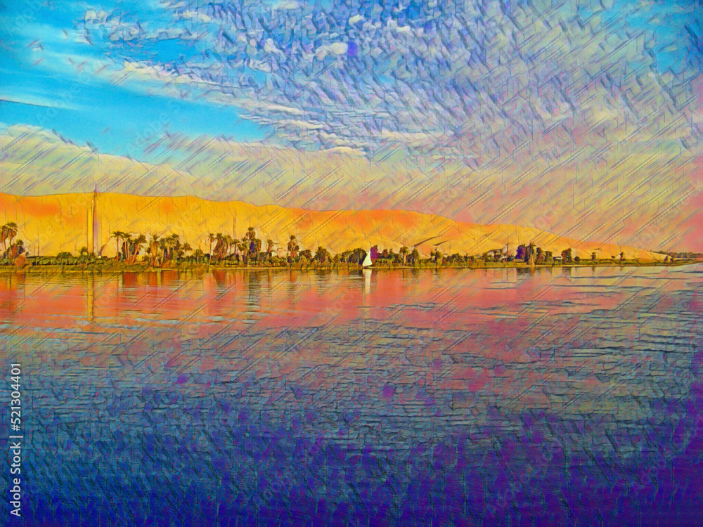Along the Nile River in Egypt, with blue water, blue sky, and the ...