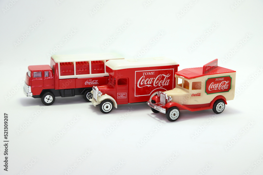Coca Cola collectible trucks. Red and white cars. Coke drink. Toys for ...