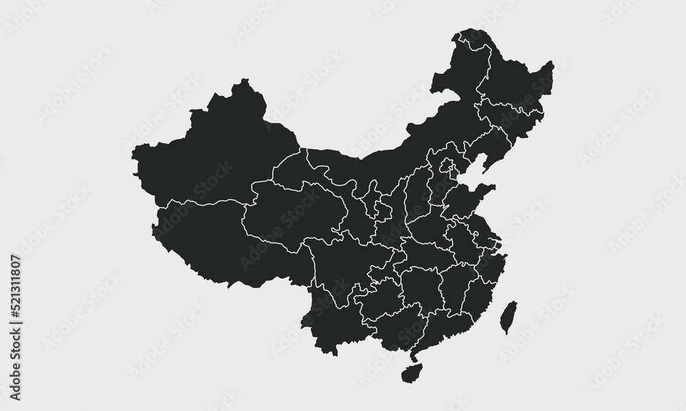 China map with regions isolated on white background. Map of China ...