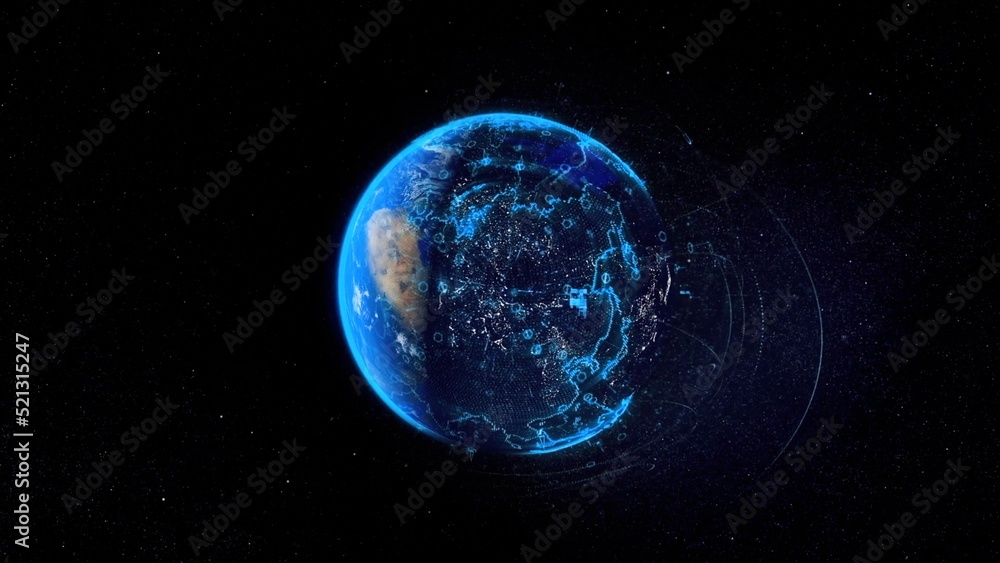 Abstract animation of digital Earth Globe rotating with digital data ...