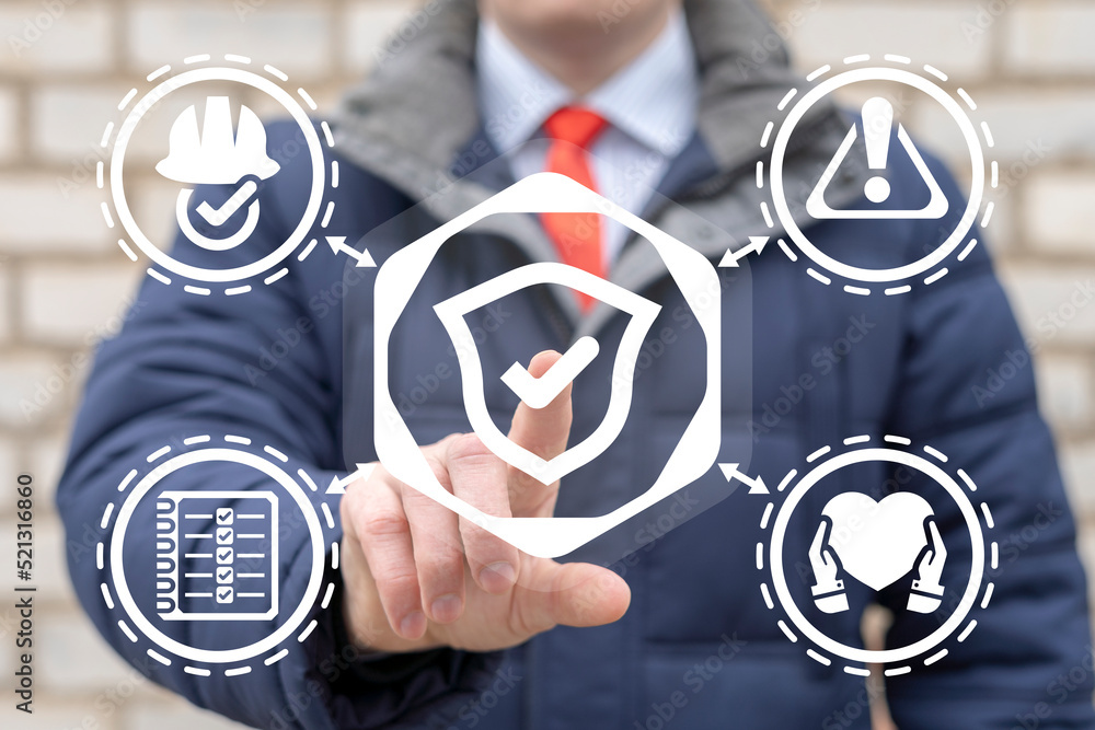 Man using virtual touchscreen presses a icon: shield with check mark ...