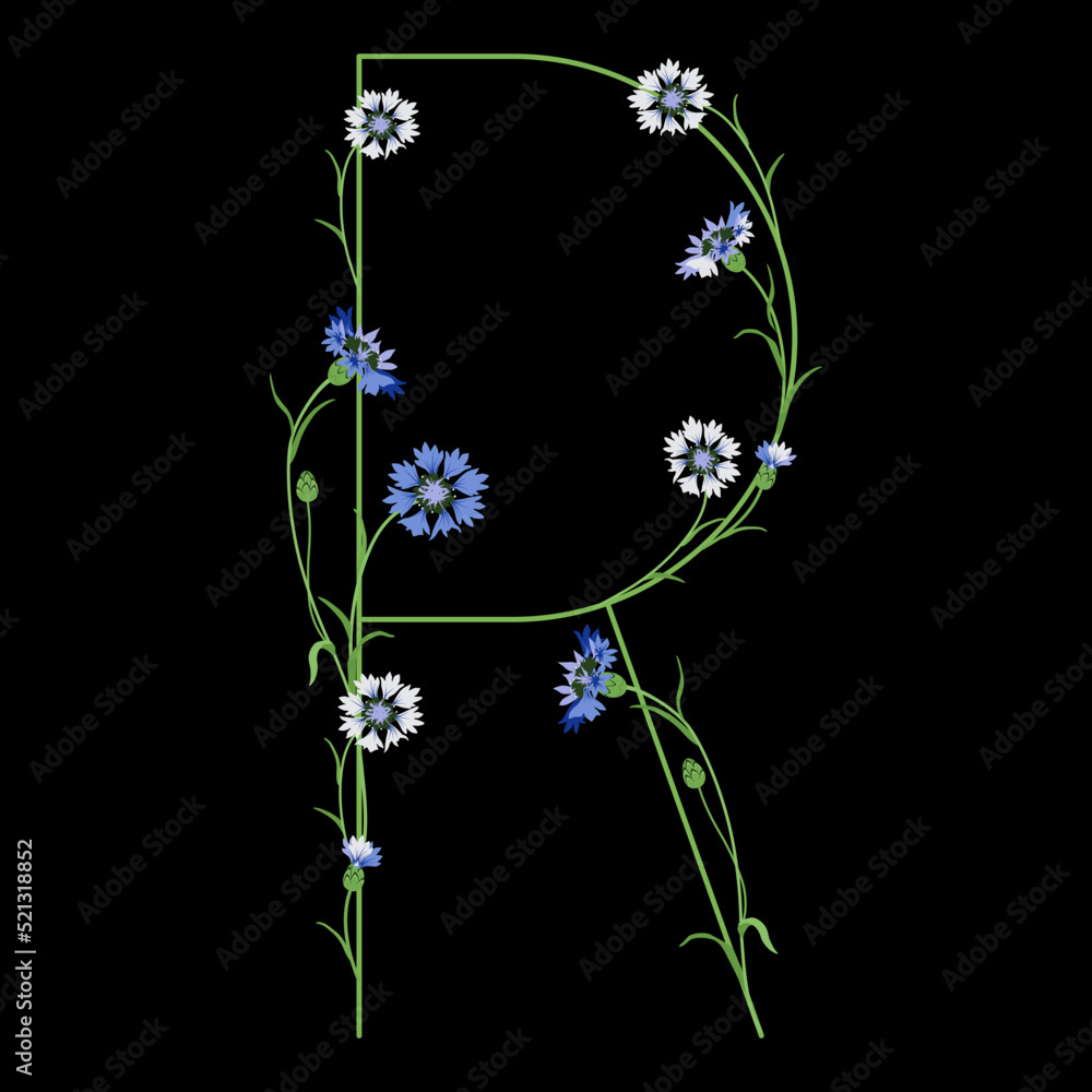 Beautiful letter R with blooming branches of cornflower or knapweed ...