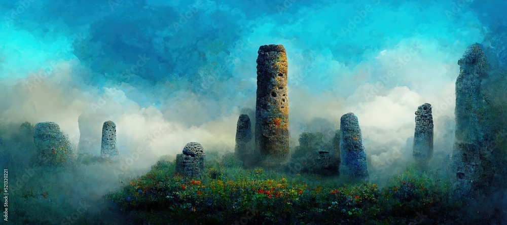 Ancient towering stone monolith pillars, shrouded in mysterious cloudy ...