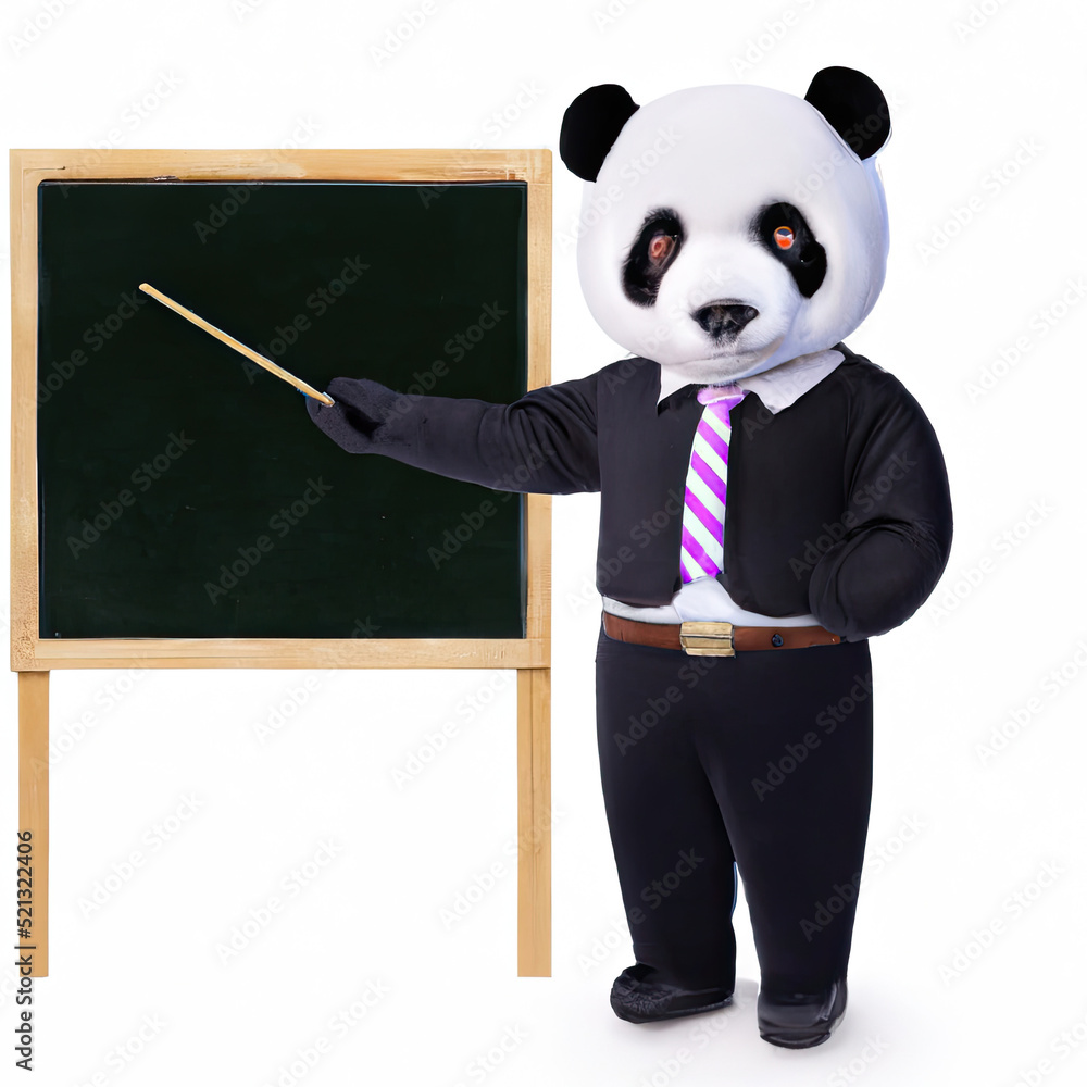 Cute panda teacher wearing a suit is pointing at a blackboard ...
