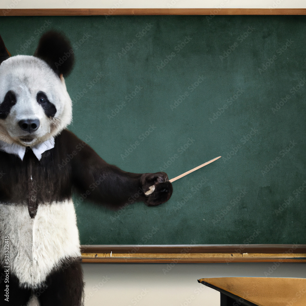 Cute panda teacher wearing a suit is pointing at a blackboard ...