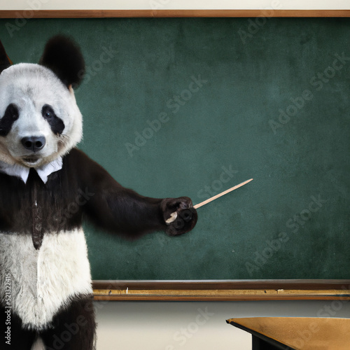 Plakat Cute panda teacher wearing a suit is pointing at a blackboard ...