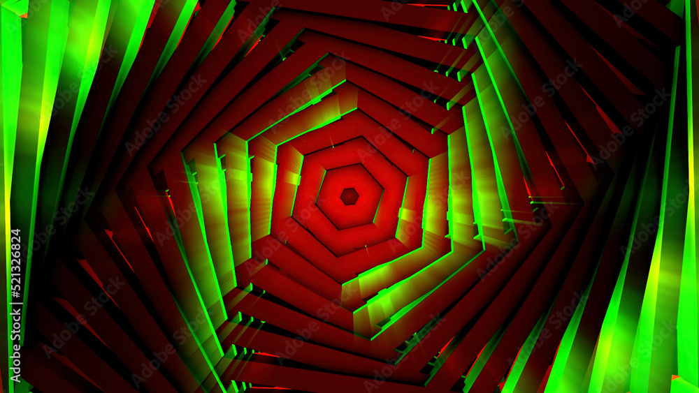 Flight in tunnel of spinning spiral shaped figures with changing colors ...