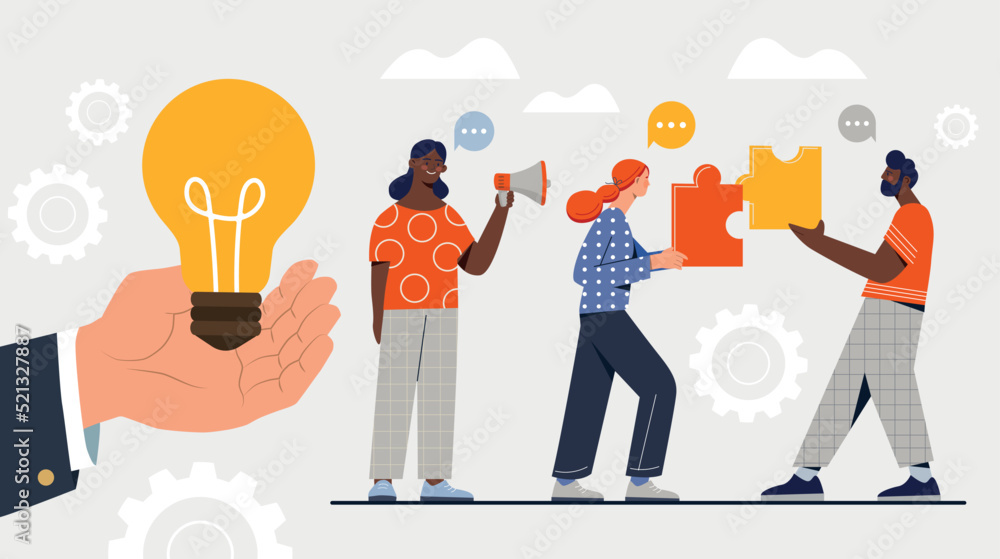 Concept of idea. Man and women working on same project. Characters ...