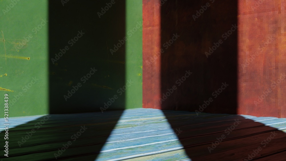 3D rendering. Corner of a room with textured walls. Room with metal ...