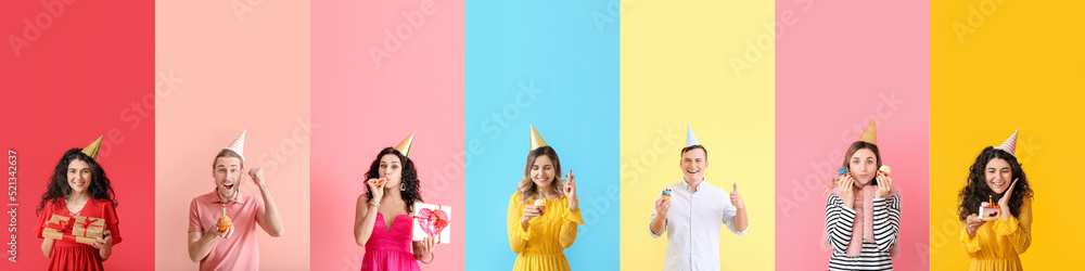 Set of people celebrating birthday on colorful background Stock Photo ...