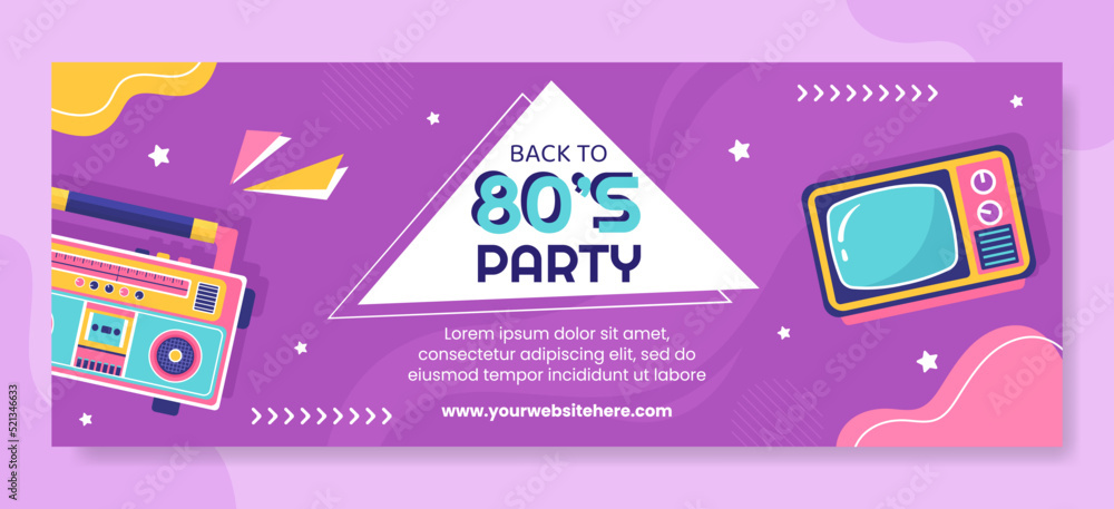 80s Party Cover Template Flat Cartoon Background Vector Illustration ...