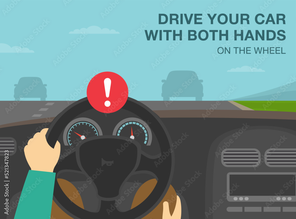 Safe driving rules and tips. Driver holding a steering wheel by one ...