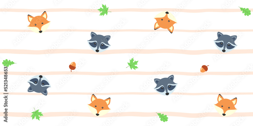 Cute fox and raccoon faces, acorns, maple and oak leaves on a pink and ...
