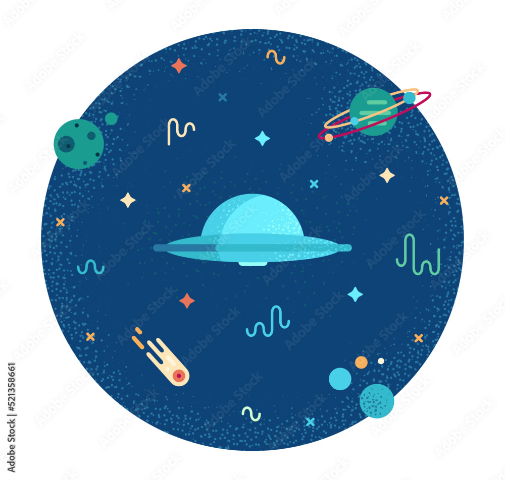 UFO soars in space among planets and stars, vector cartoon illustration ...