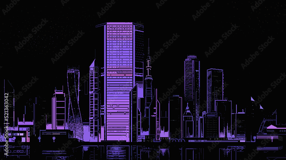 8-bit night city drawing, wide panoramic view, 3D rendering Stock ...