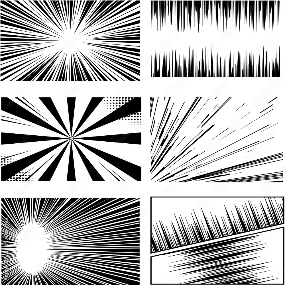 Comic strip radial motion lines set. Anime comics book hero speed or ...