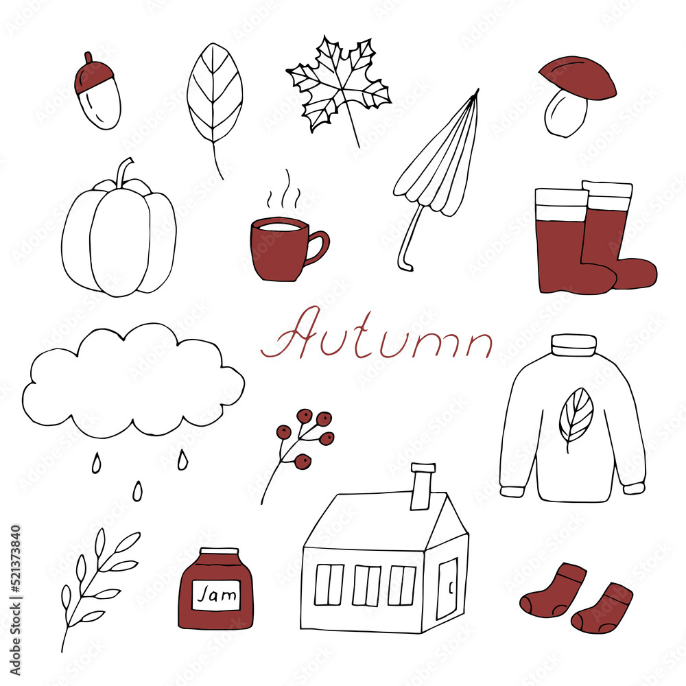 Autumn set vector illustration, hand drawing red and outline doodles ...