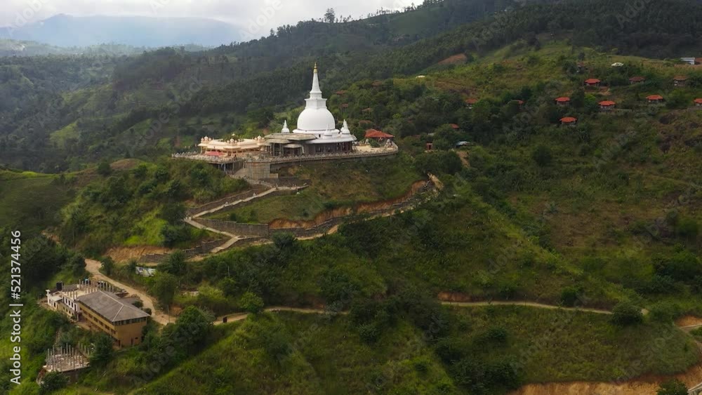 Aerial drone of Mahamevnawa Buddhist Monastery temple in the mountain ...