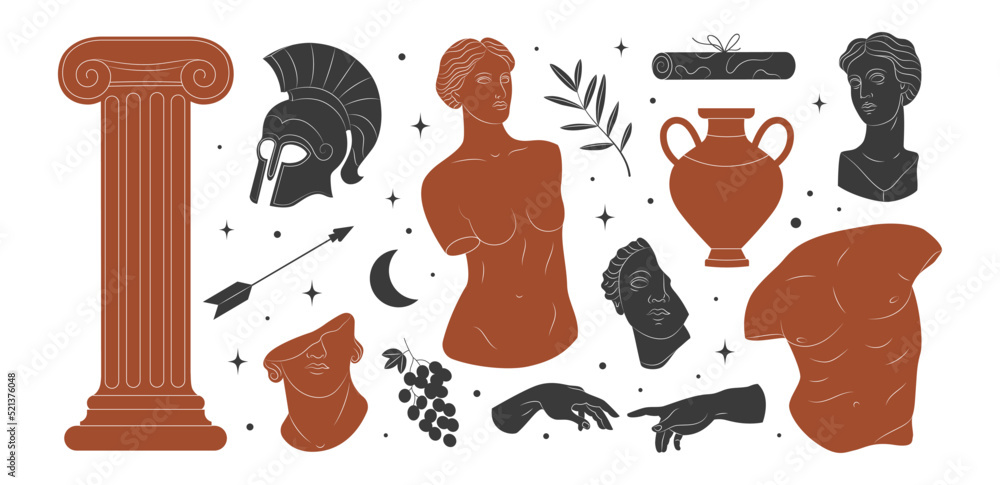 Greek statues, marble elements and art objects illustration set ...