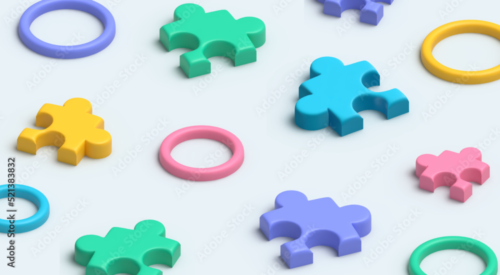 Trendy horizontal background with colorful 3d random puzzle pieces and ...